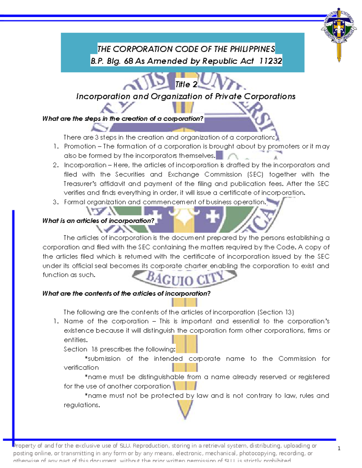 Module 2 (Corpo) - N/A - THE CORPORATION CODE OF THE PHILIPPINES B. Blg ...