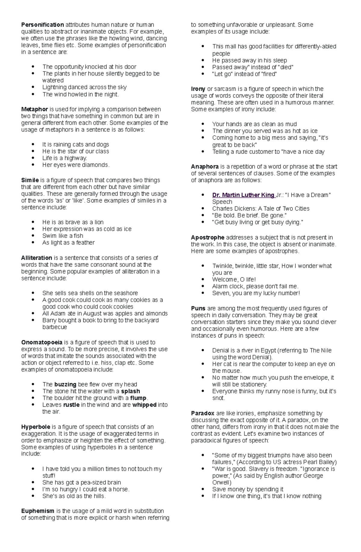 Figures OF Speech Handouts - Personification attributes human nature or ...