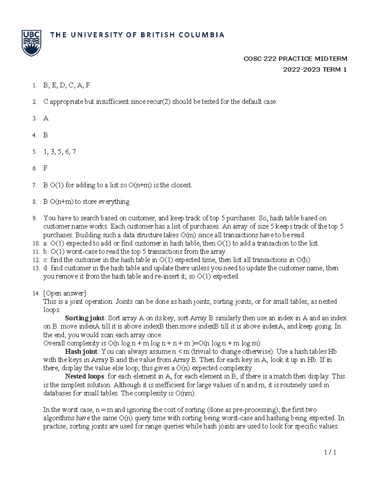18 222 2022-1 midterm-practice-solutions - COSC 222 PRACTICE MIDTERM 2022-2023 TERM 1 1. B, E, D ...