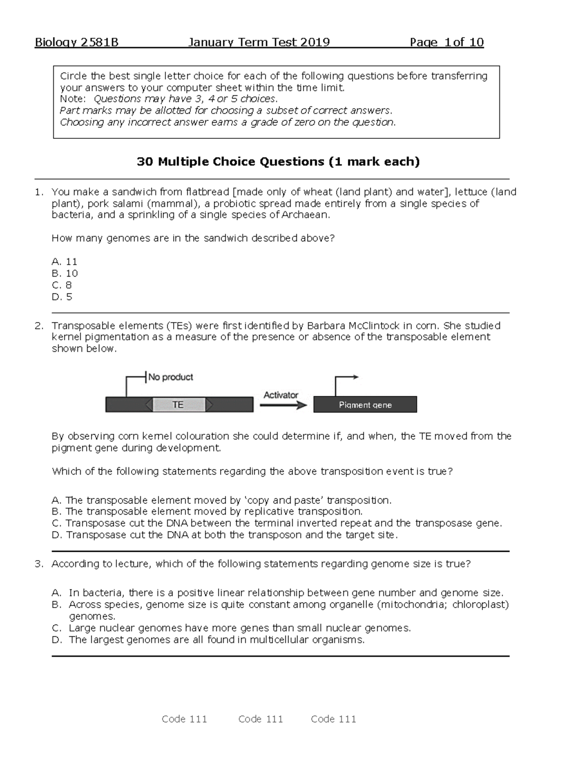 Test 2020, questions - 30 Multiple Choice Questions (1 mark each) You ...