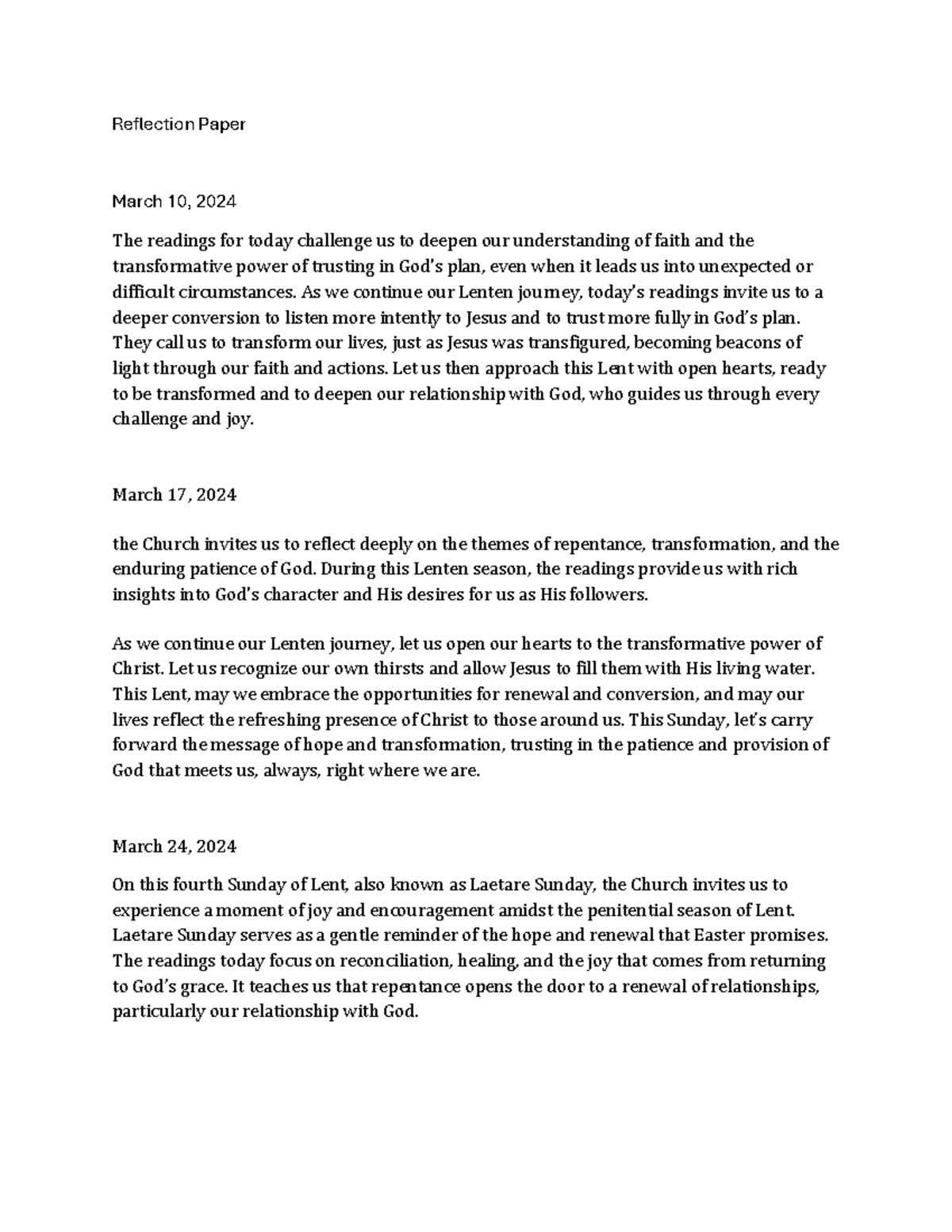 March reflection papers - Reflection Paper March 10, 2024 The readings ...