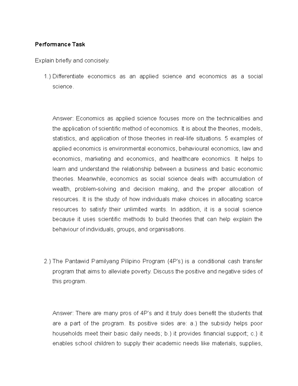 Applied Economics - Performance Task Explain briefly and concisely. 1 ...