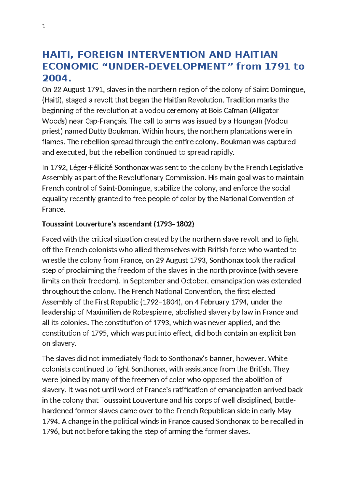 Haitian Creole III, Research I, Haitian Economic Underdevelopment AND ...