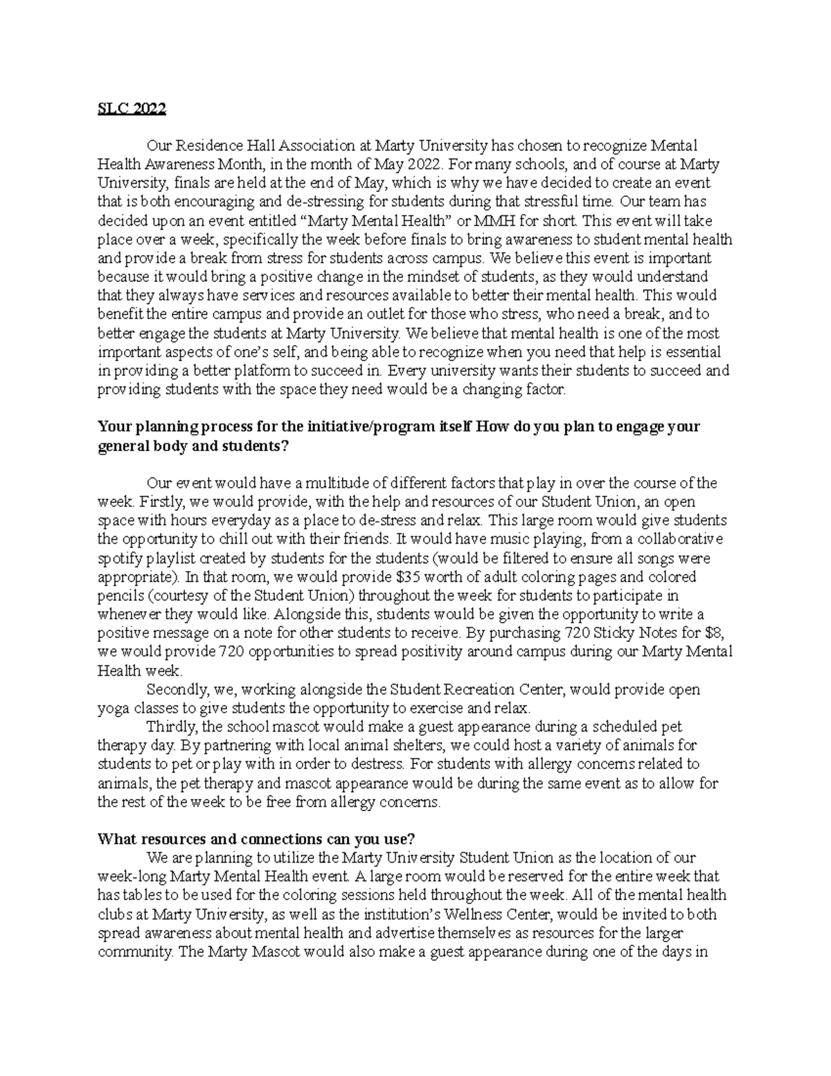 RHA Case Study for class 2021 - SLC 2022 Our Residence Hall Association at Marty University has ...