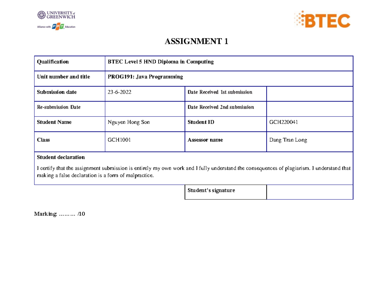 ASM 1 Java Programming GCH22004 1 - ASSIGNMENT 1 Qualification BTEC Level 5 HND Diploma in ...