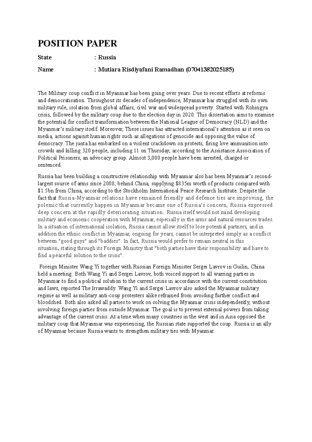 Position Paper Russia - POSITION PAPER State : Russia Name : Mutiara ...