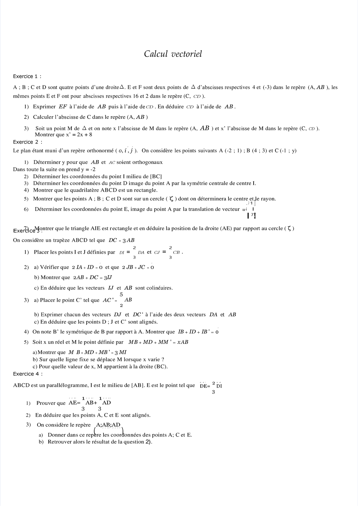 Serie 2 exercice-calcul-vetoriel - A;AB;AD Exercice 1 : Calcul ...