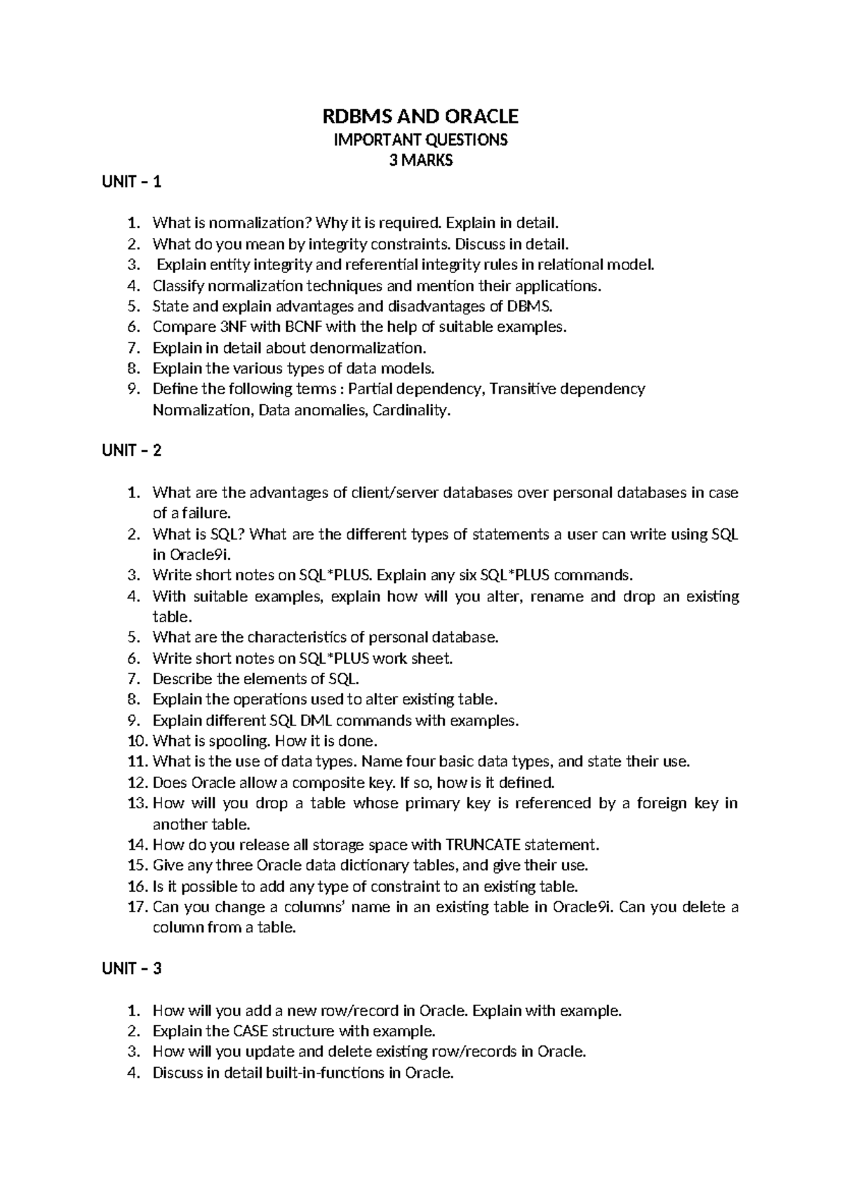 Rdbms And Oracle Rdbms And Oracle Important Questions 3 Marks Unit 9553