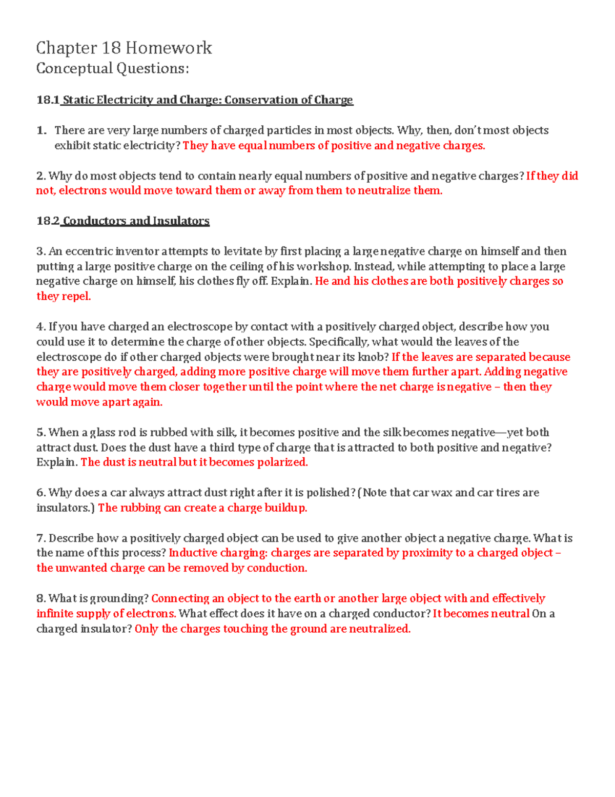 Chapter 18 HW Problems with Answers - Chapter 18 Homework Conceptual Questions: 18 Static - Studocu