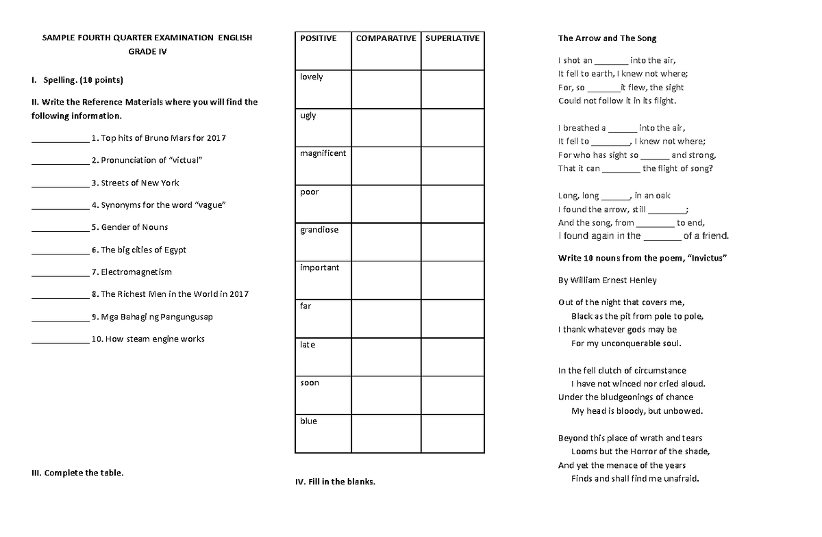 Fourth Quarter Examination in English Grade 4 - SAMPLE FOURTH QUARTER ...