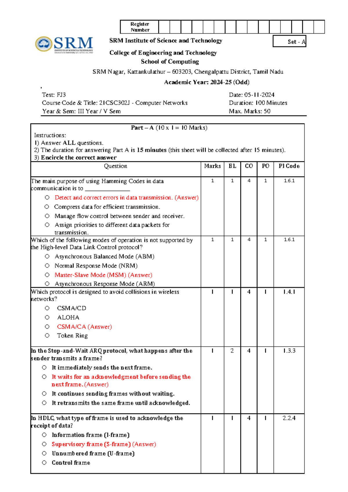 FJ3 Set- A - AK - ques paper - Register Number SRM Institute of Science ...