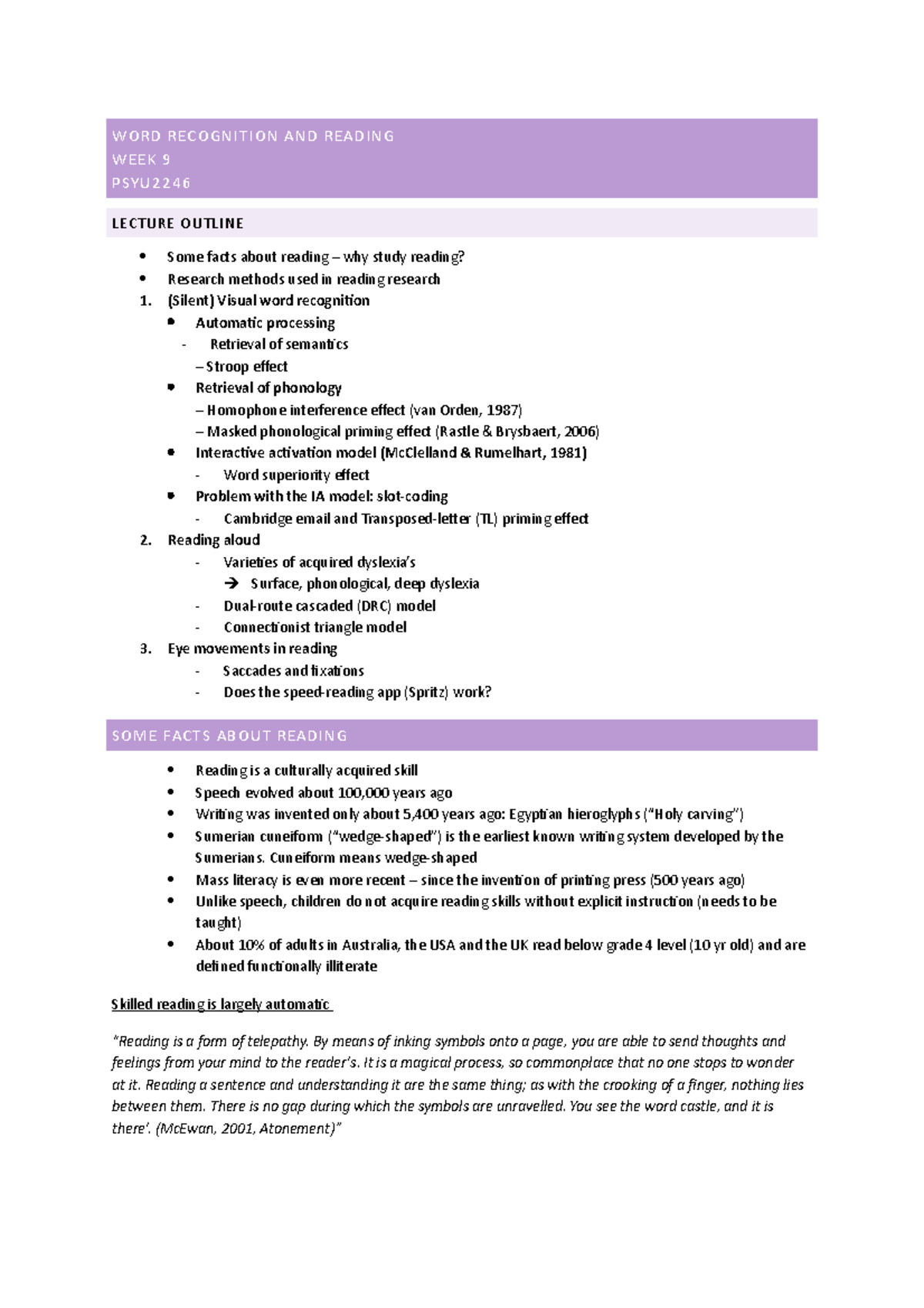 Wk 9 Word recognition and reading - WORD RECOGNITION AND READING WEEK 9 ...