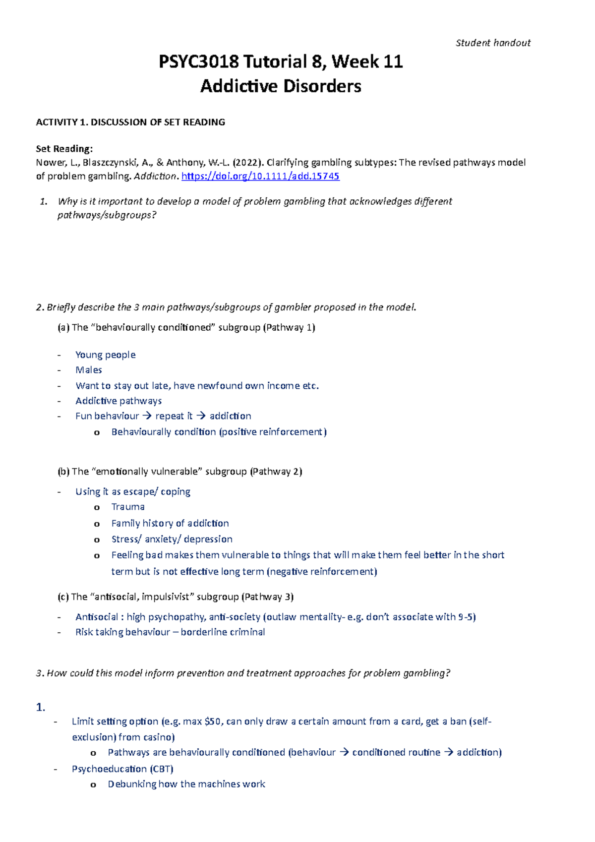 Psych 3018 gambling tutorial worksheet - PSYC3018 Tutorial 8, Week 11 Addictive Disorders ...