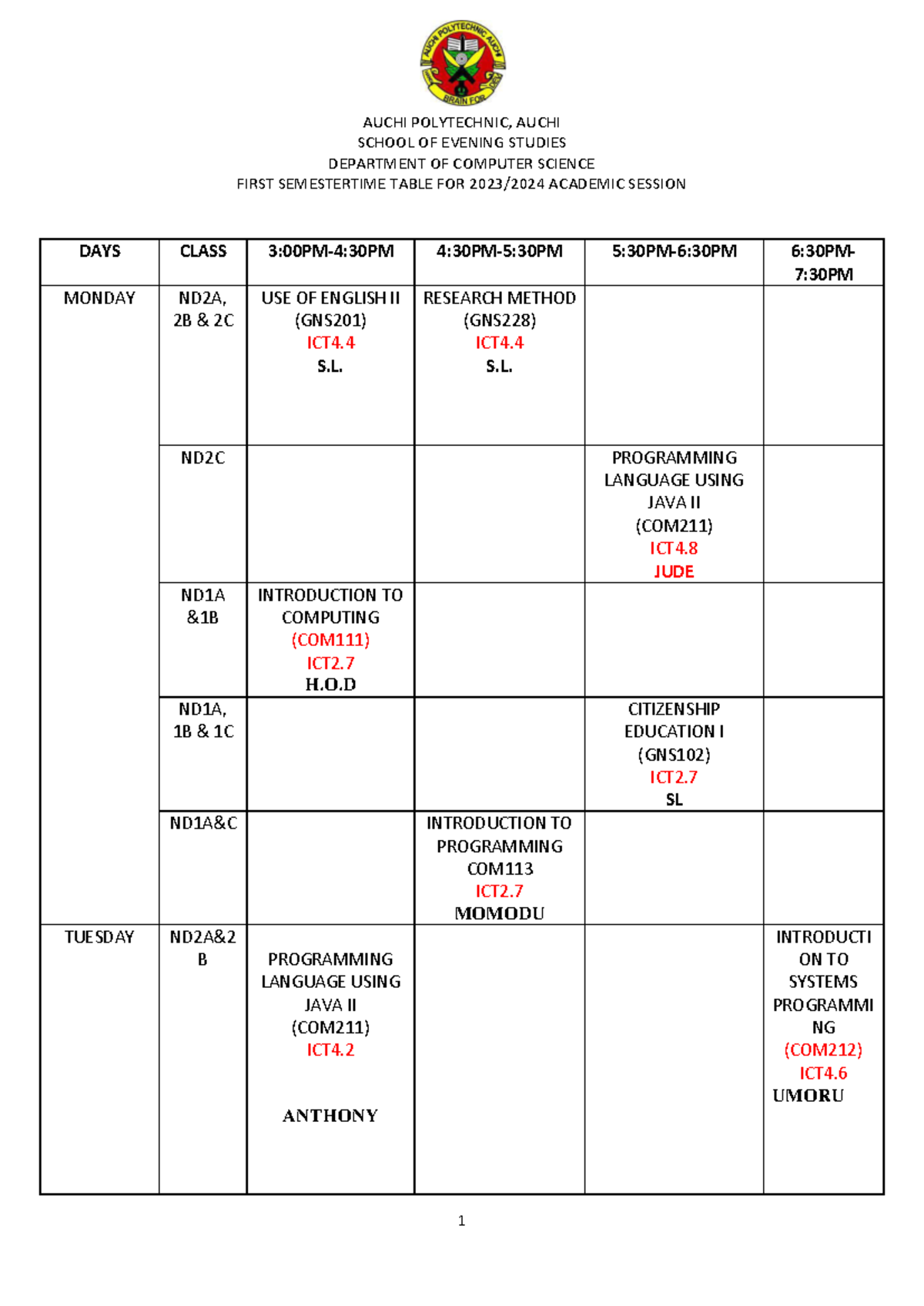 Timetable First Semester 2023-2024 - AUCHI POLYTECHNIC, AUCHI SCHOOL OF ...