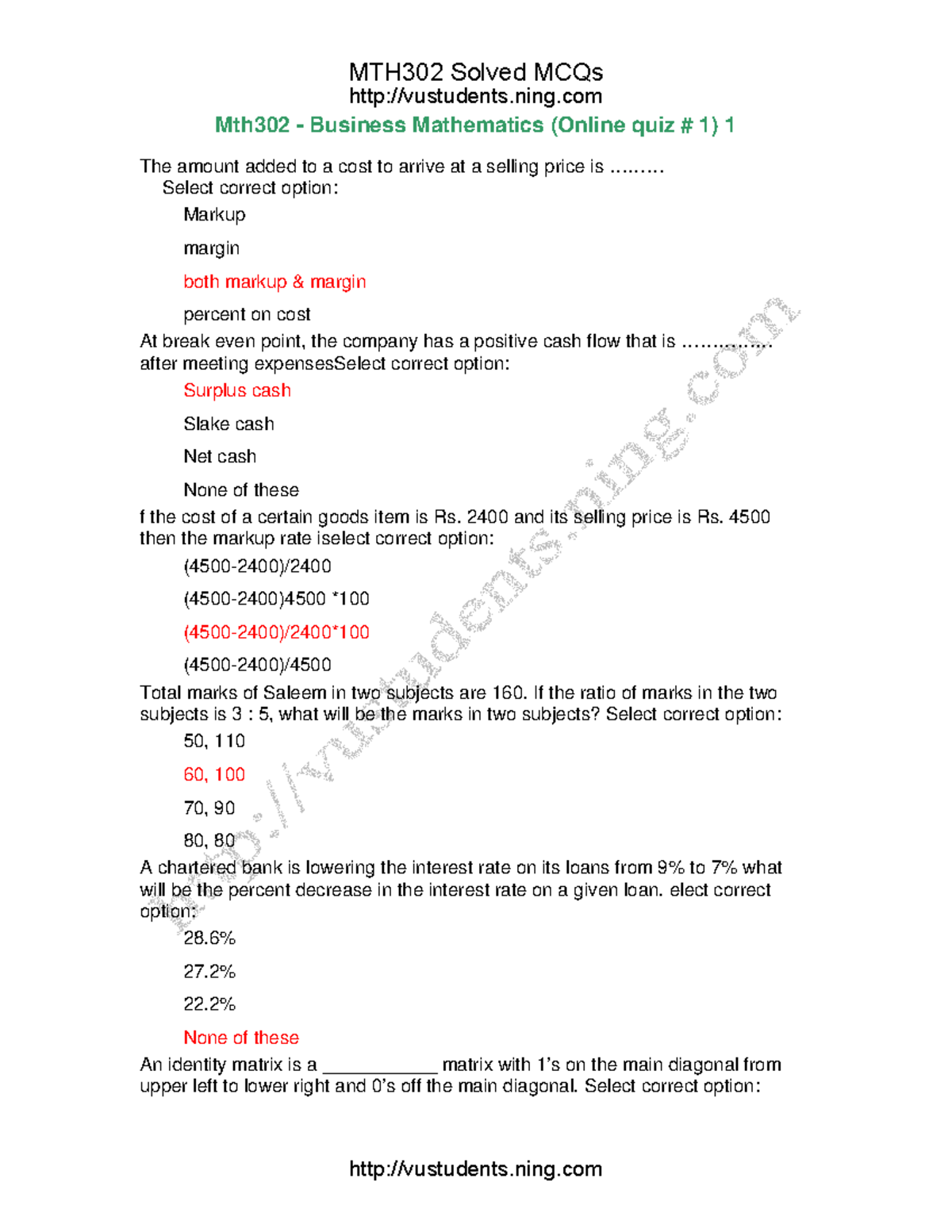 MTH302 Solved MCQs Alotof Solved MCQsof MTH 302inonef - Mth302 - Business Mathematics (Online ...