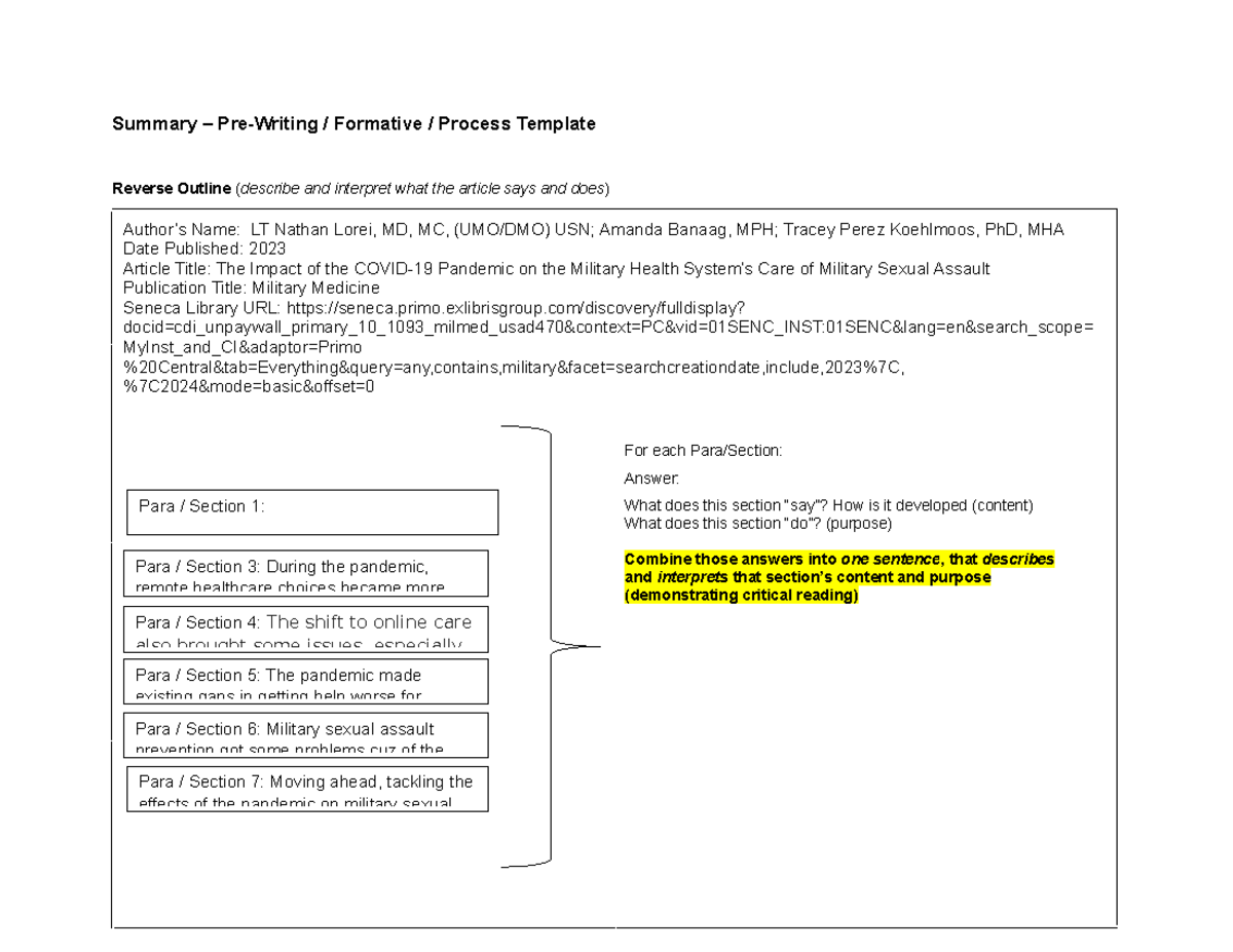 Summary Pre-Writing Formative Process Template - Summary – Pre-Writing ...