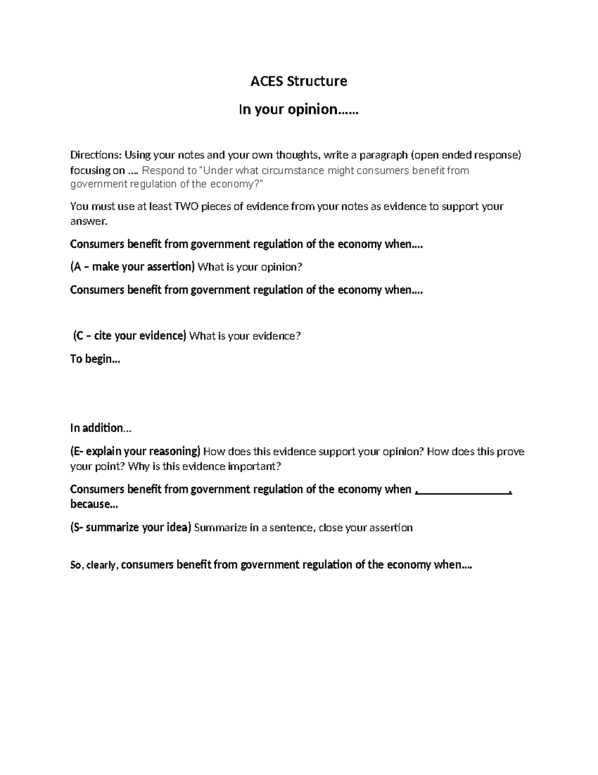 ACES Structure Consumers Benefit FROM Government Regulation WHEN - ACES ...