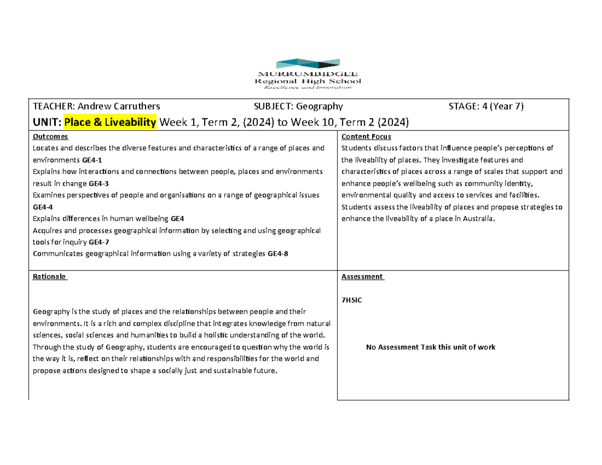 Programs Stage 4 Geography Place Liveability - TEACHER: Andrew ...