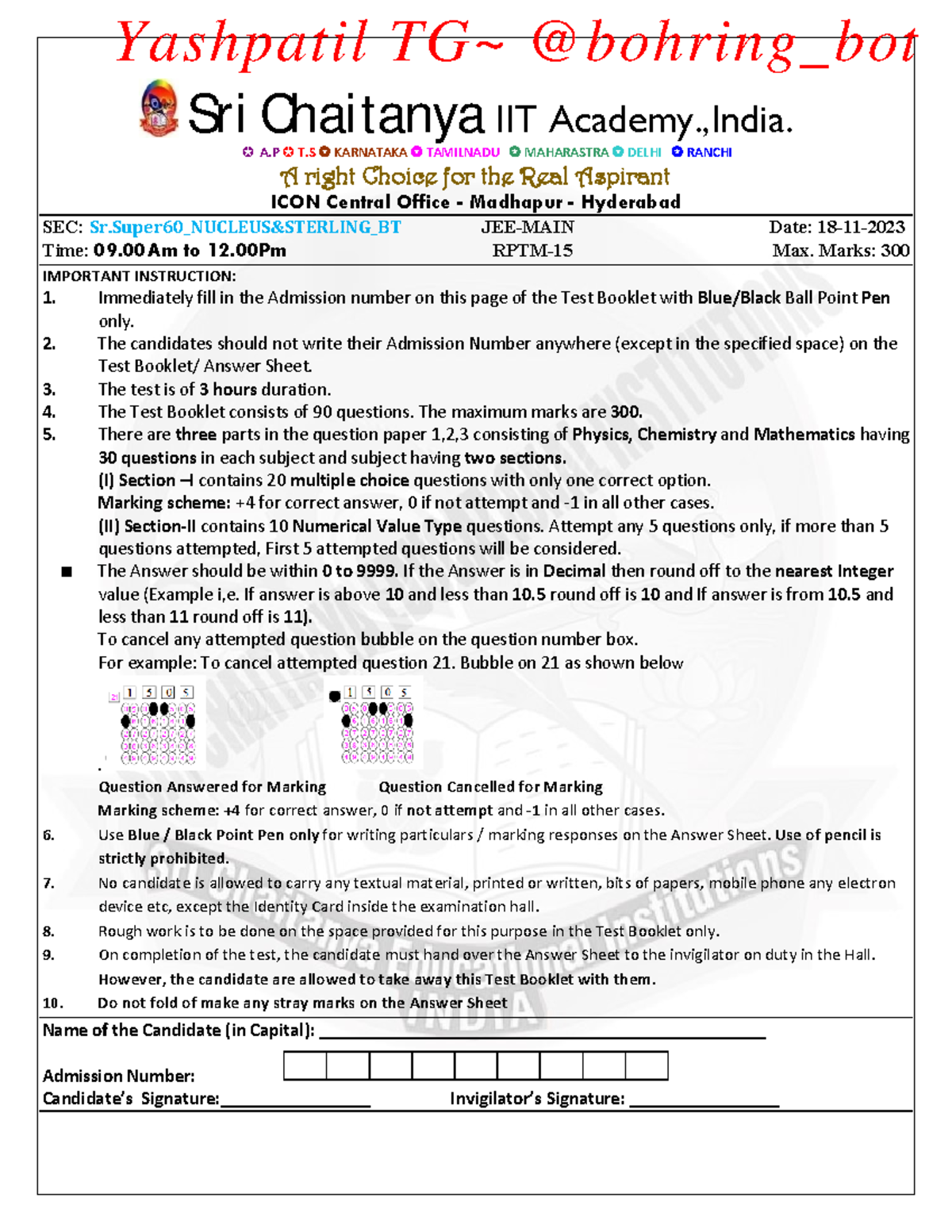 18 11 2023 Sr Super 60 Nucleus & Sterling BT Jee Main RPTM 15 Q Paper ...
