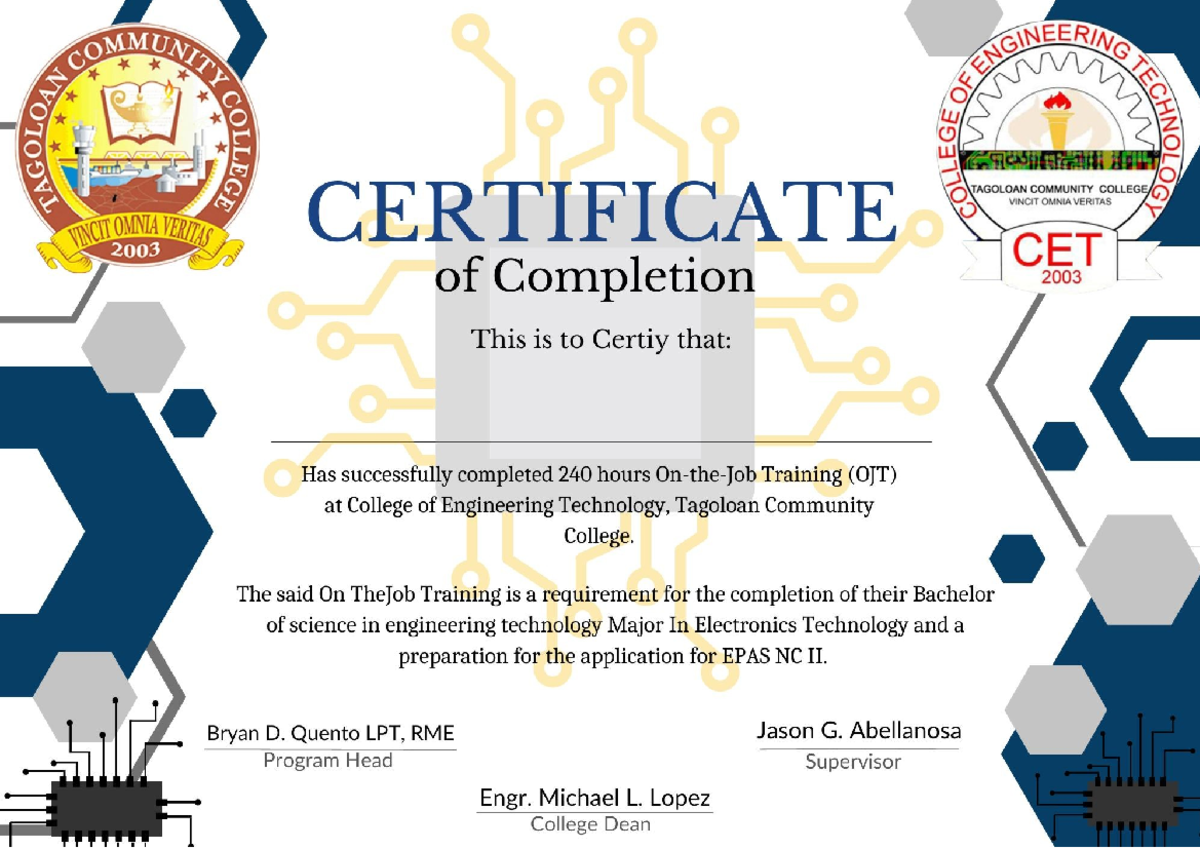 Cert - this is book - COMMUNIT 3899 i TAGOLOAN COMMUNITY COLLEGE ...