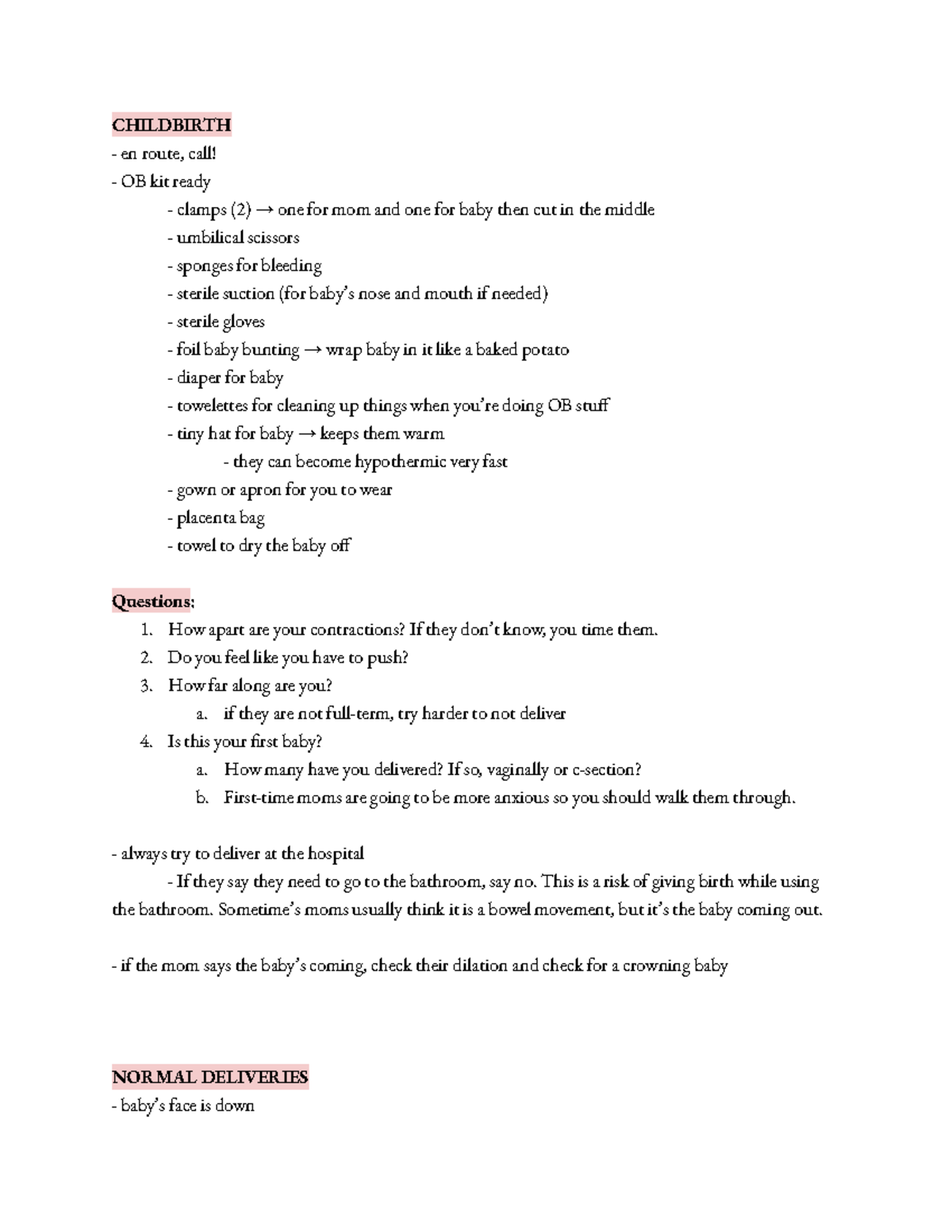 Week 14 lab notes - CHILDBIRTH en route, call! OB kit ready clamps (2 ...