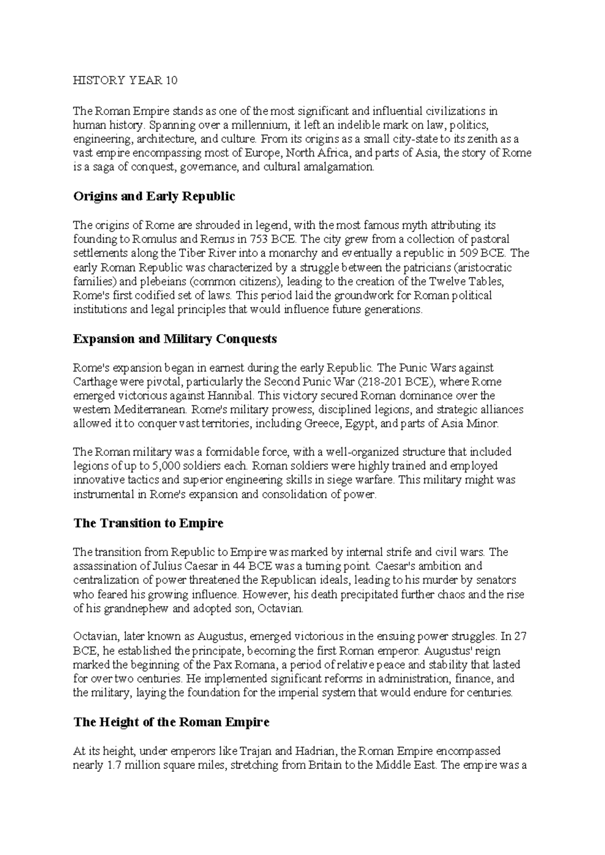 History YEAR 10 - HISTORY YEAR 10 The Roman Empire stands as one of the ...