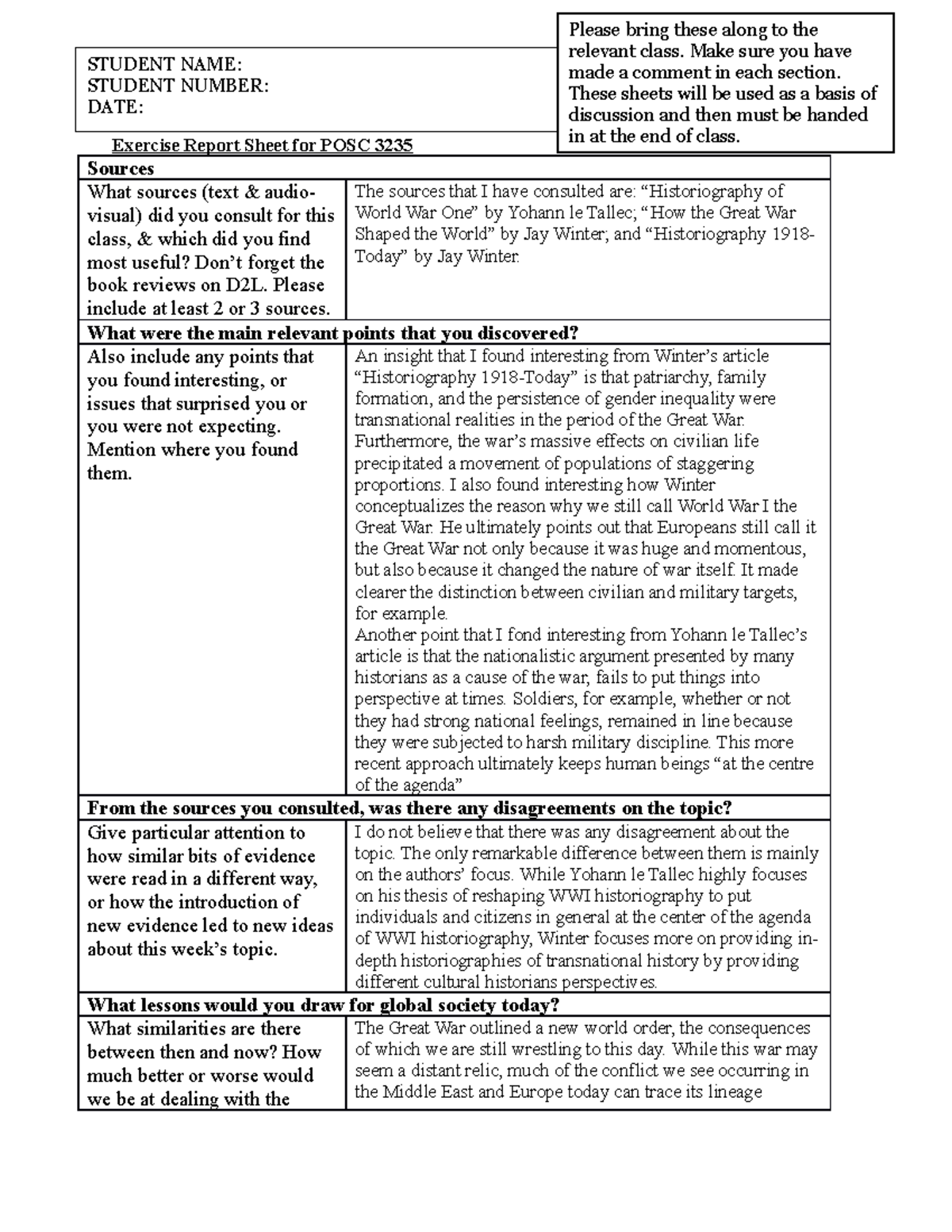 IX Exercise Report Sheet for POSC 3235 - Exercise Report Sheet for POSC ...