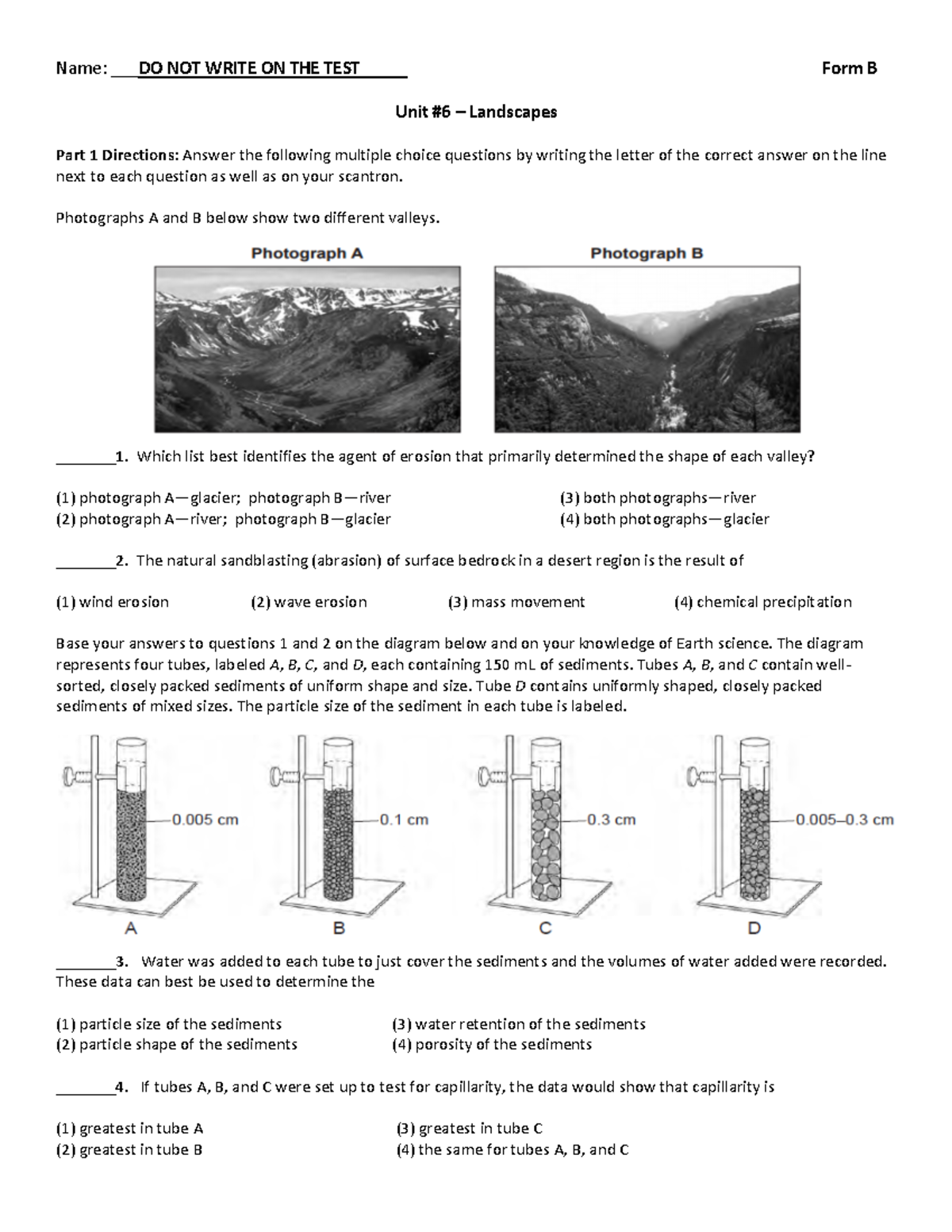 12. EXAM Landscapes B - Name: DO NOT WRITE ON THE TEST__ Form B Unit ...