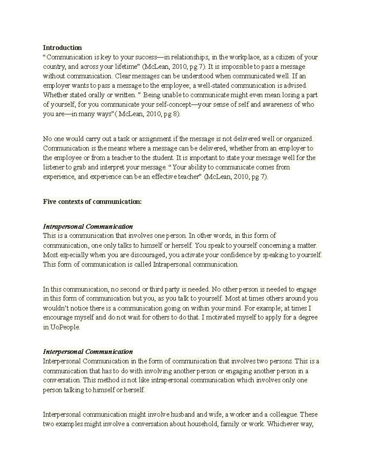 Written Assignment Unit 1: Five contexts of communication ...