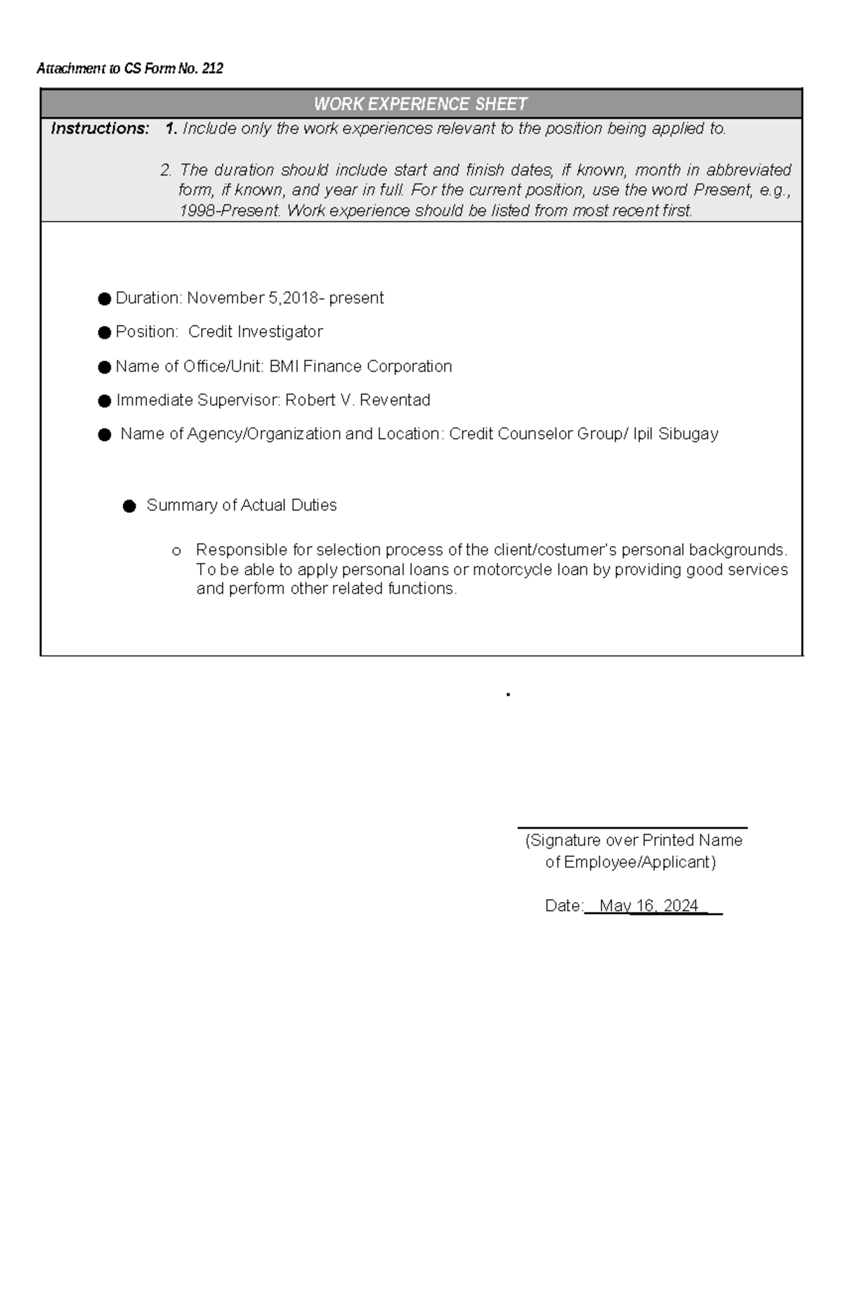 CS Form No. 212 Attachment - Work Experience Sheet (1) - WORK EXPERIENCE SHEET Instructions: 1 ...