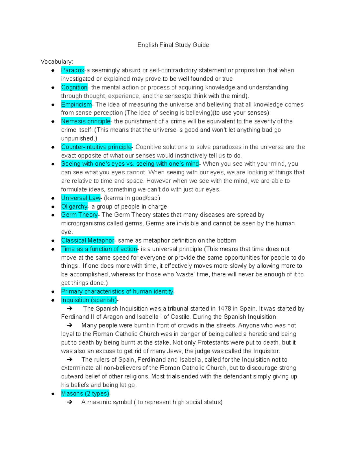 English Final - Study notes - English Final Study Guide Vocabulary ...