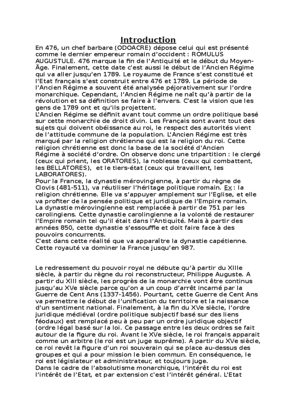 Histoire des institutions - Introduction En 476, un chef barbare ...