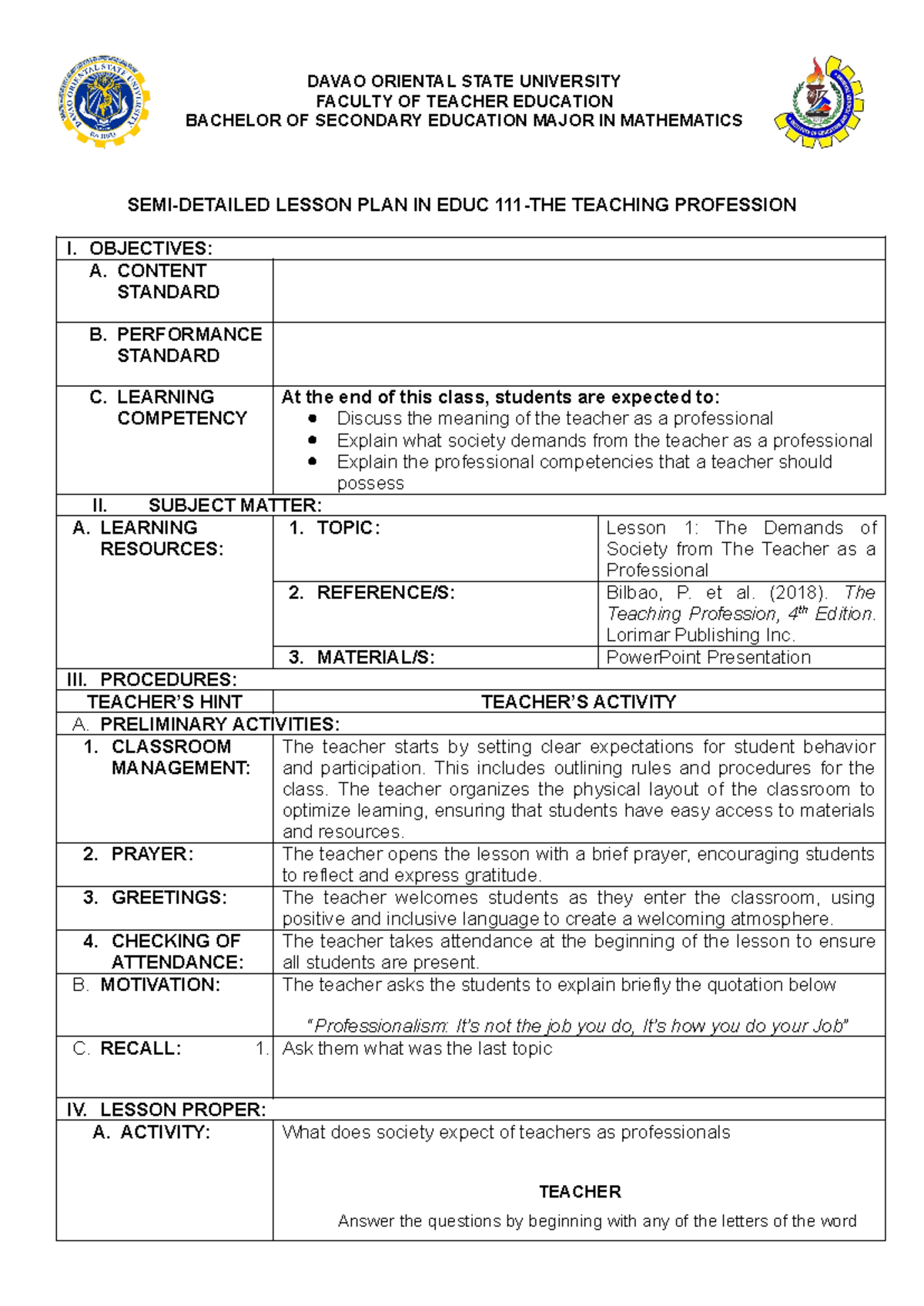 Lesson-1- Lesson-PLAN 010857 - FACULTY OF TEACHER EDUCATION BACHELOR OF ...