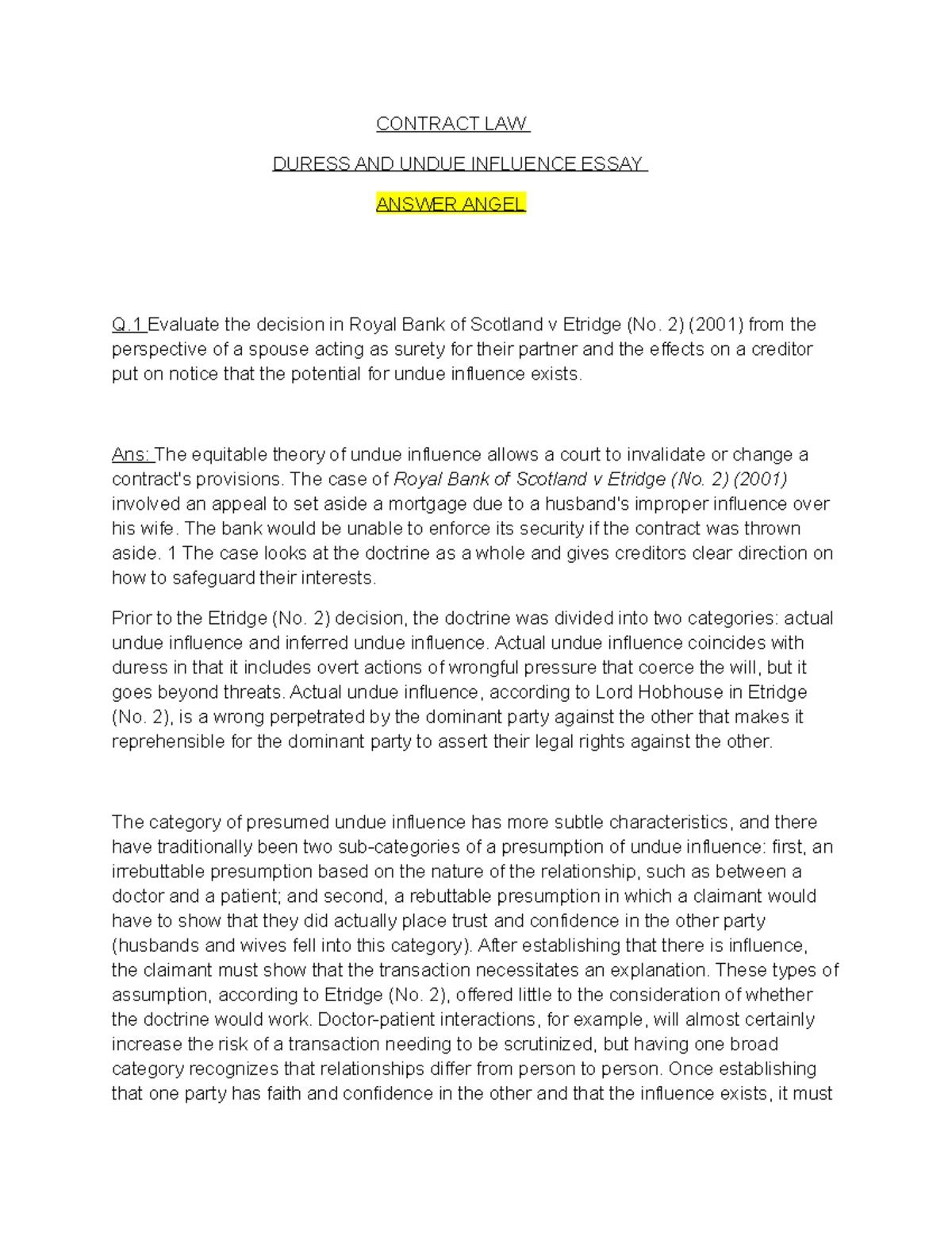 Contract LAW ( Duress AND Undue Essay) - CONTRACT LAW DURESS AND UNDUE ...