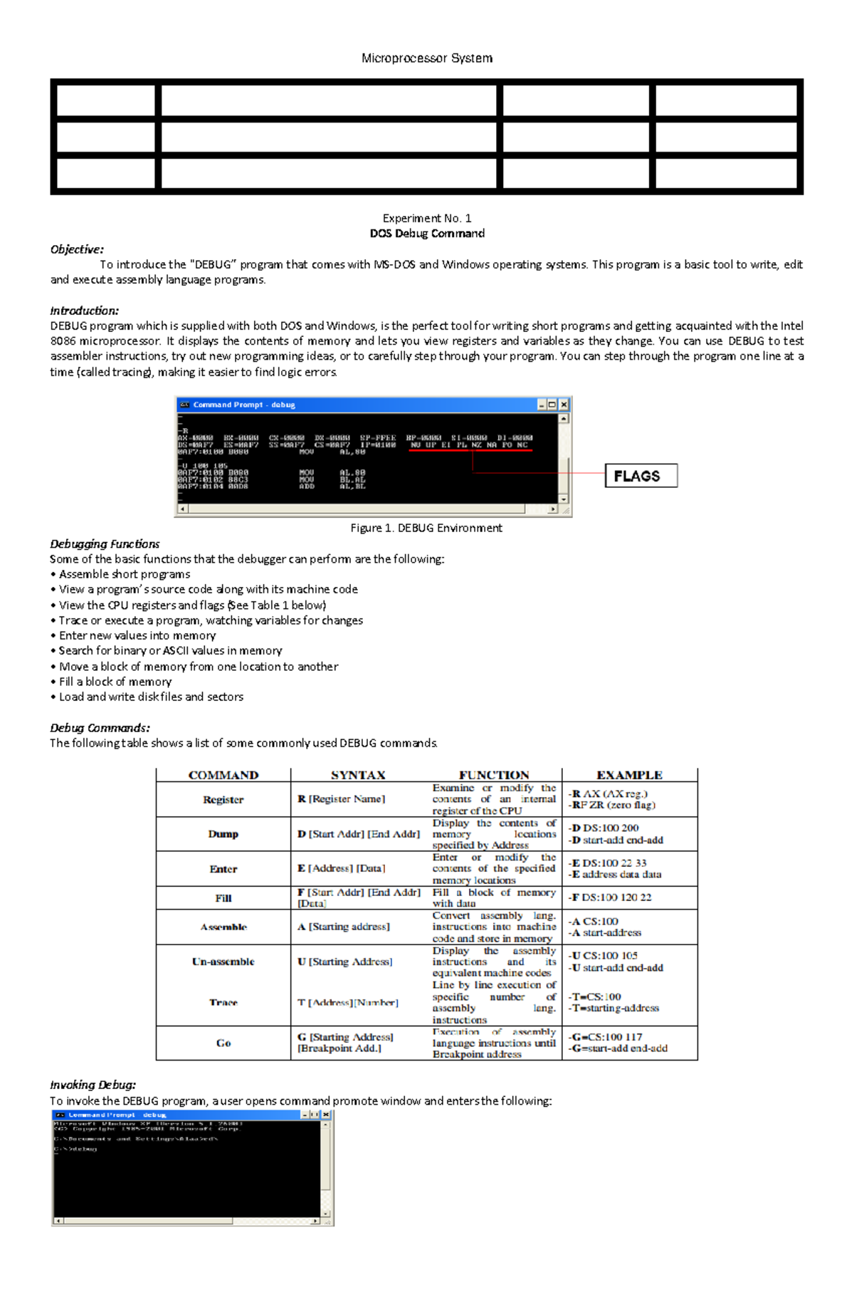 Microprocessor System Experiment 1 - 1 DOS Debug Command Objective: To introduce the program ...