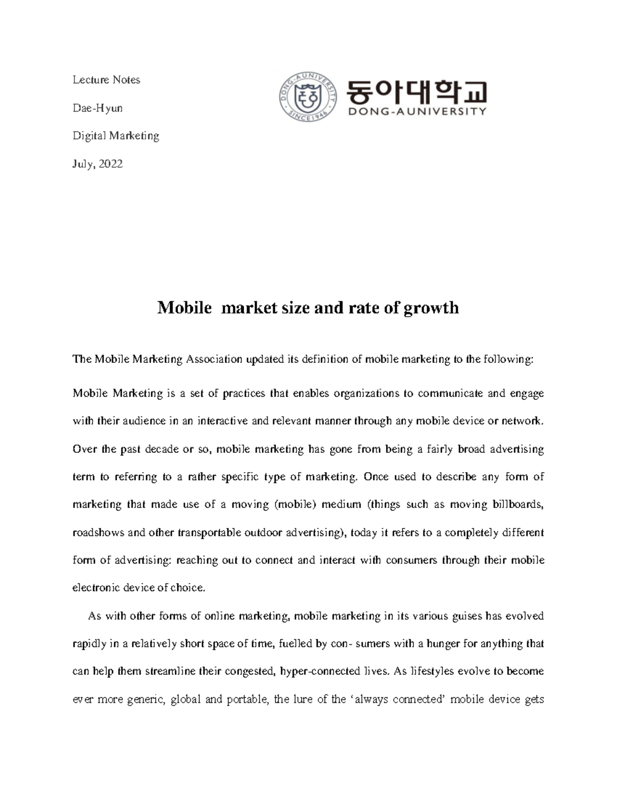 Mobile market size and rate of growth - Lecture Notes Dae-Hyun Digital ...