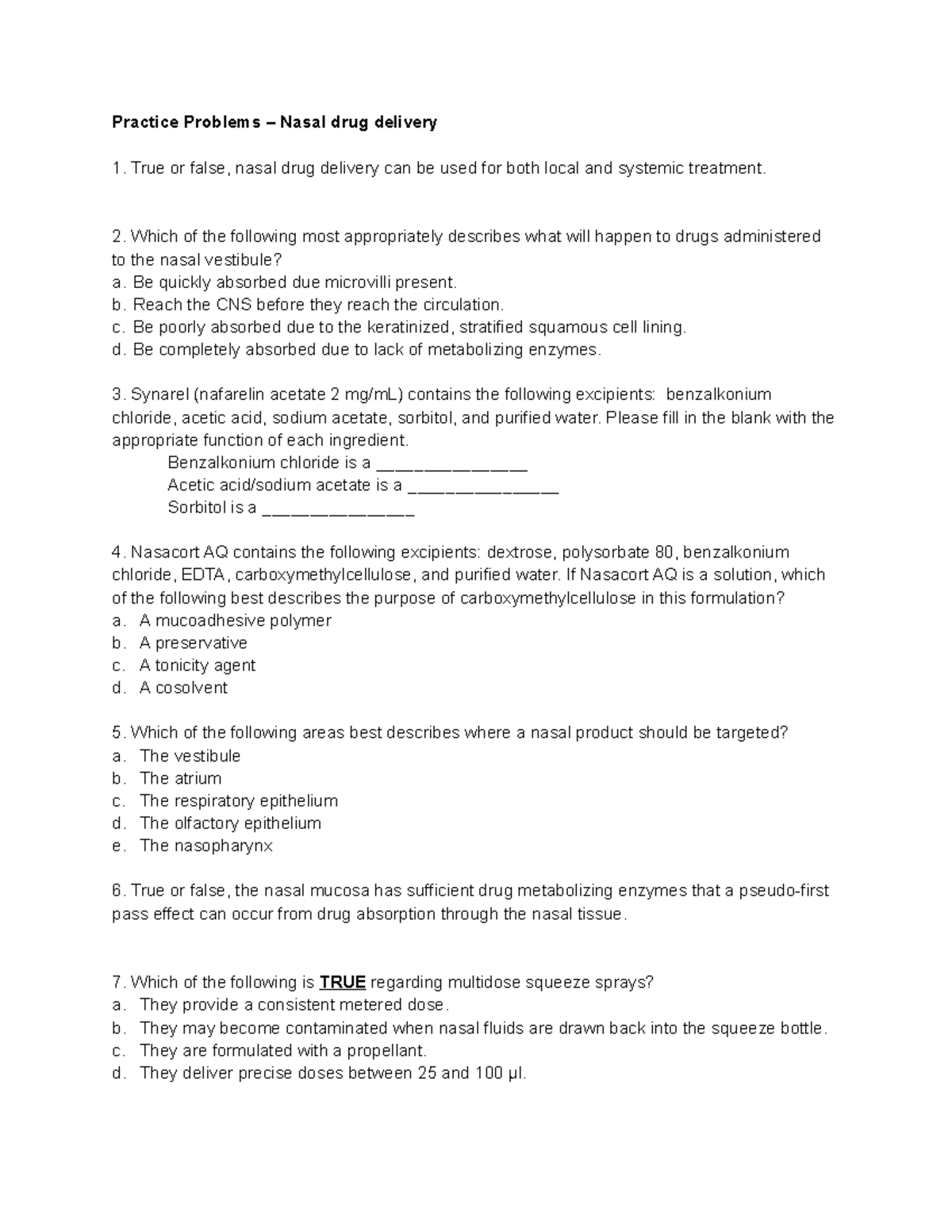 Practice Problems - Nasal drug delivery - Practice Problems – Nasal ...