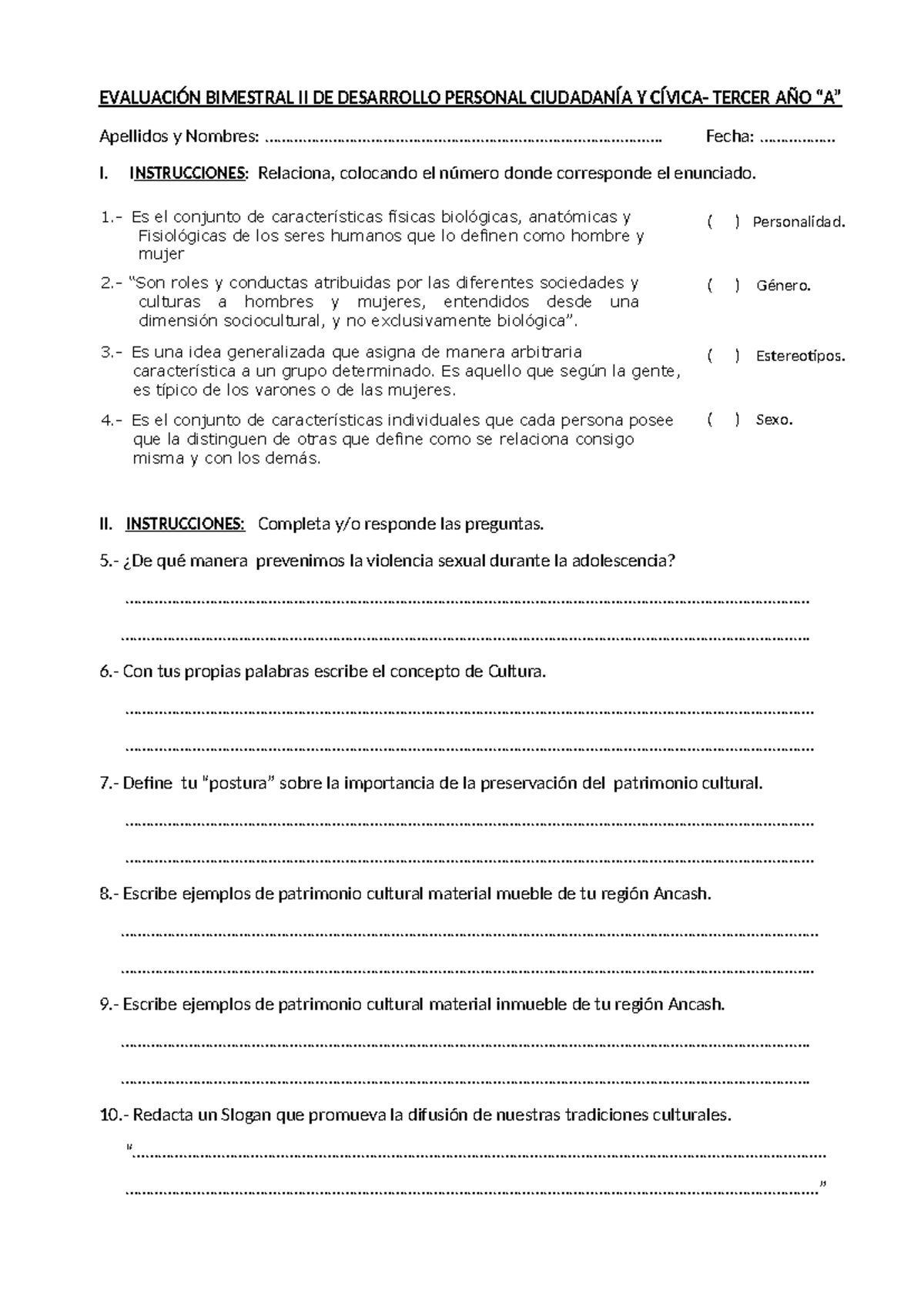 Bimestral II DE DPCC- Tercero A DE SEC. - EVALUACIÓN BIMESTRAL II DE DESARROLLO PERSONAL ...