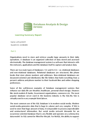INF10025 Learning Summary Template - LEARNING SUMMARY REPORT INF10025–Data Management and ...