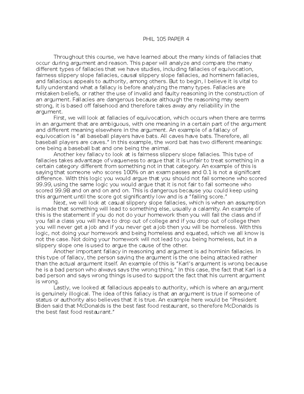 PHIL 105 critical thinking peer assessment number 4 - PHIL 105 PAPER 4 ...