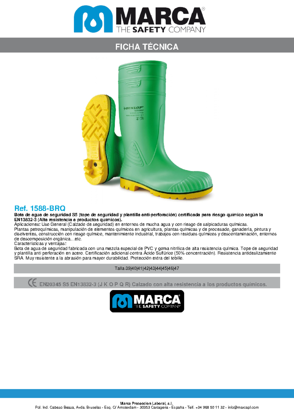 Ficha-tecnica-bota-proteccion-quimica-dunlop - FICHA TÉCNICA Ref. 1588-BRQ Bota de agua de ...