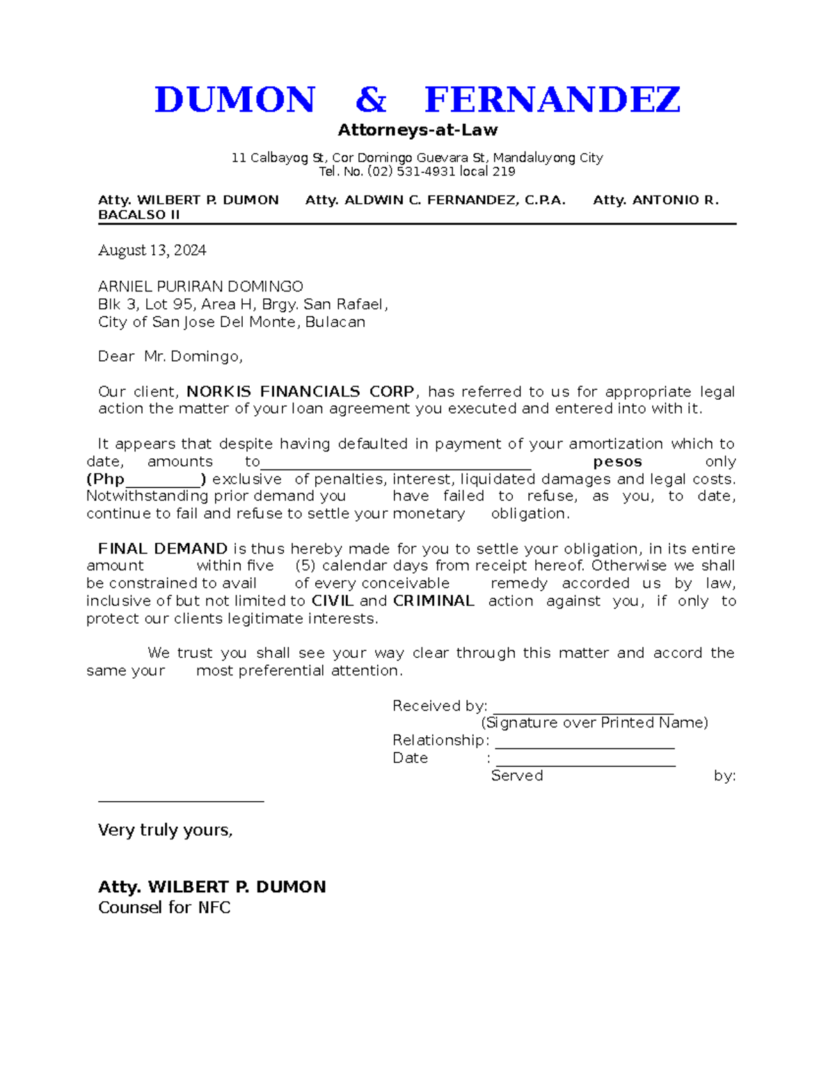 Demand Letter (sample) - DUMON & FERNANDEZ Attorneys-at-Law 11 Calbayog ...