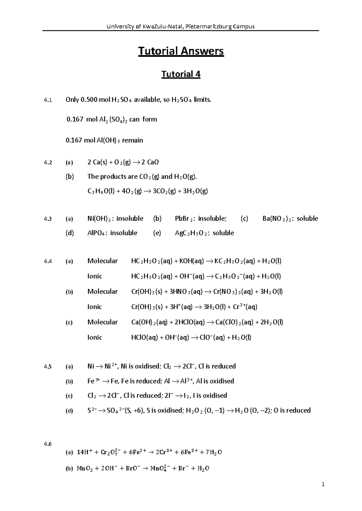 CHEM110 Tutorial 4 2021 Memo - Tutorial Answers Tutorial 4 4 Only 0 mol ...