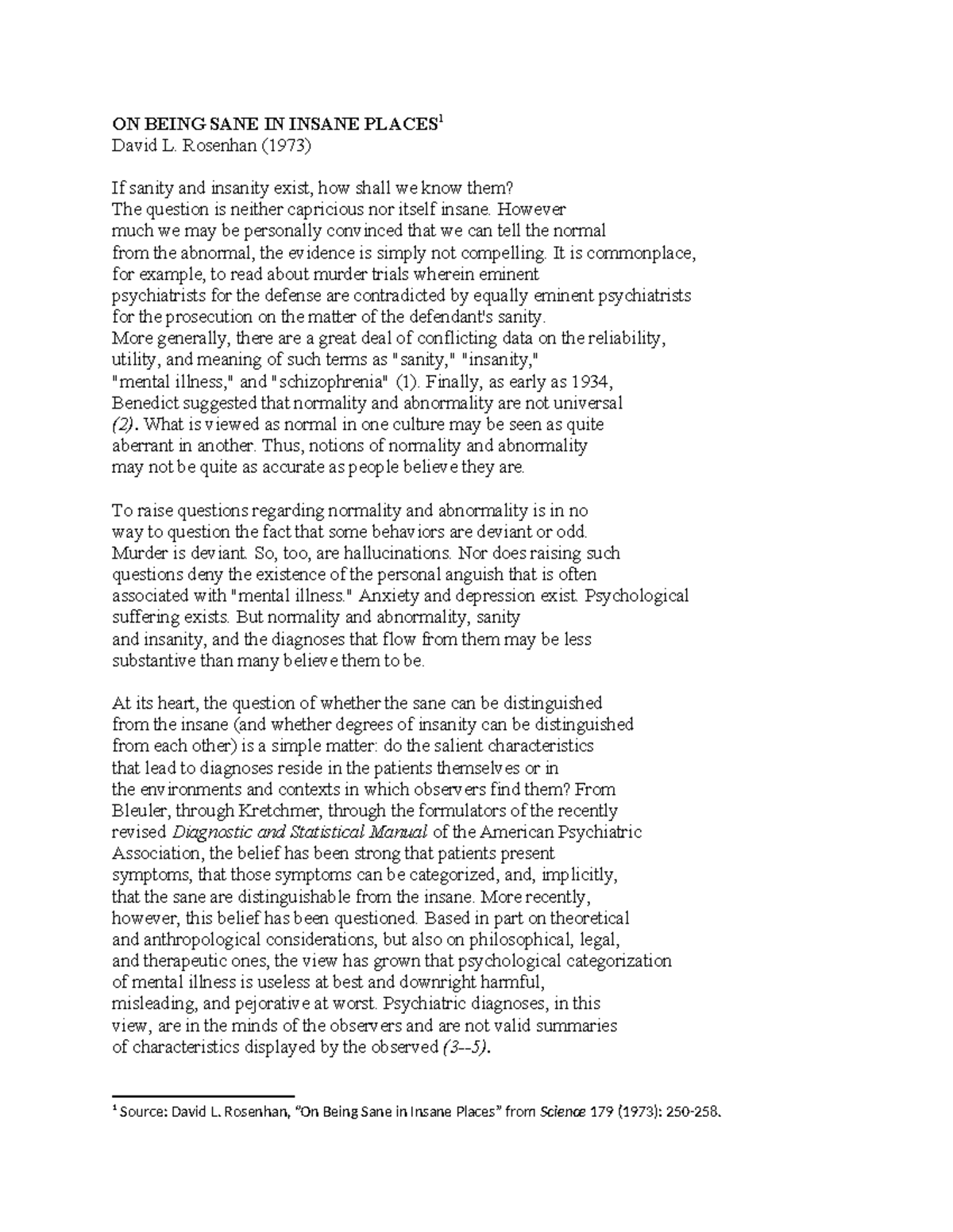 Rosenhan ON Being SANE IN Insane Places - ON BEING SANE IN INSANE ...