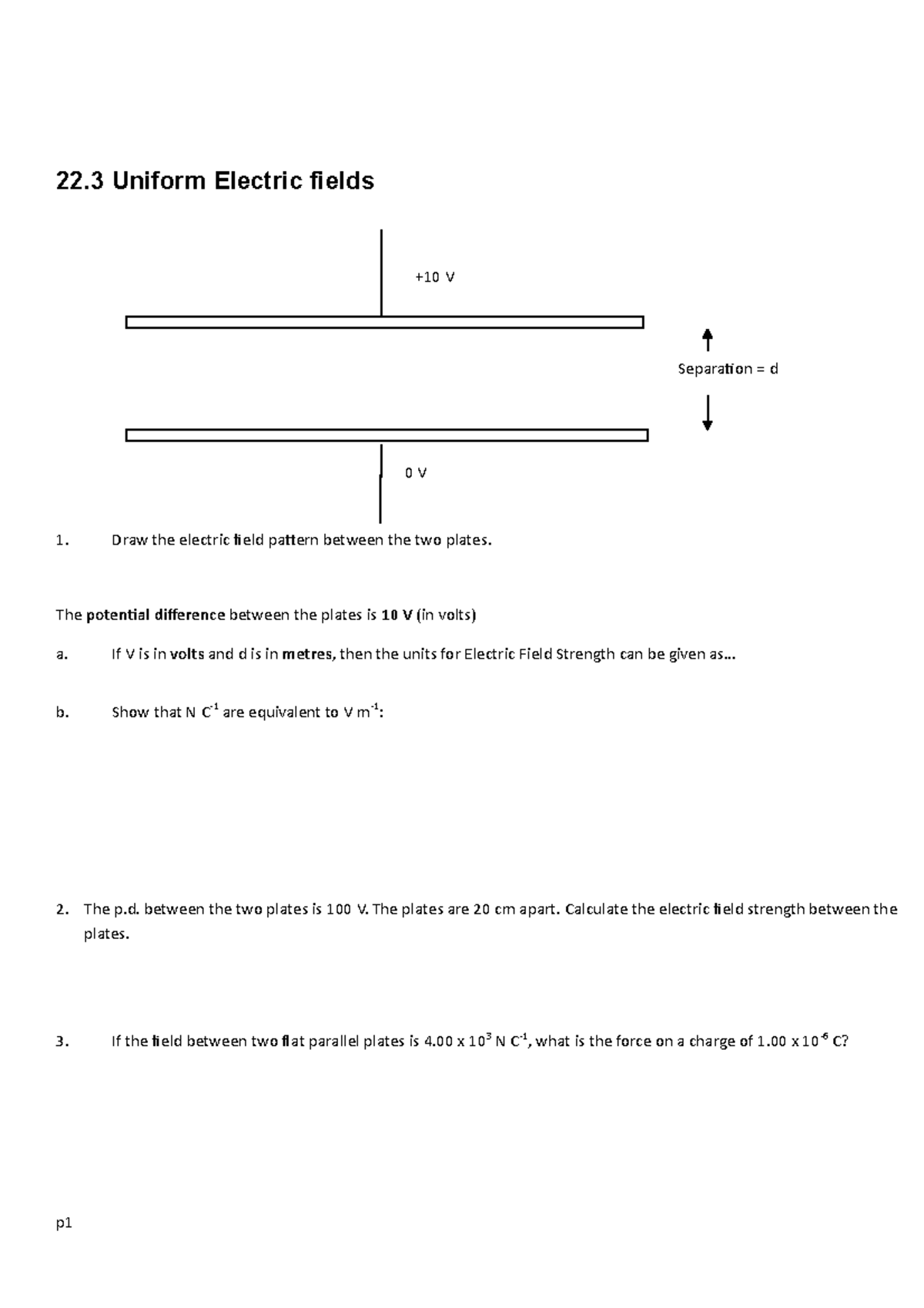 22 Electric Fields workbook - 22 Uniform Electric fields Draw the ...
