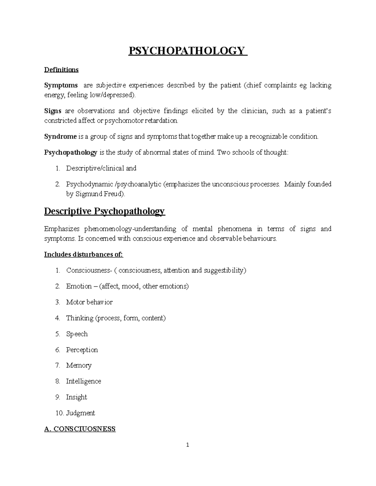 Psychopathology-1 - Medicine - PSYCHOPATHOLOGY Definitions Symptoms are ...