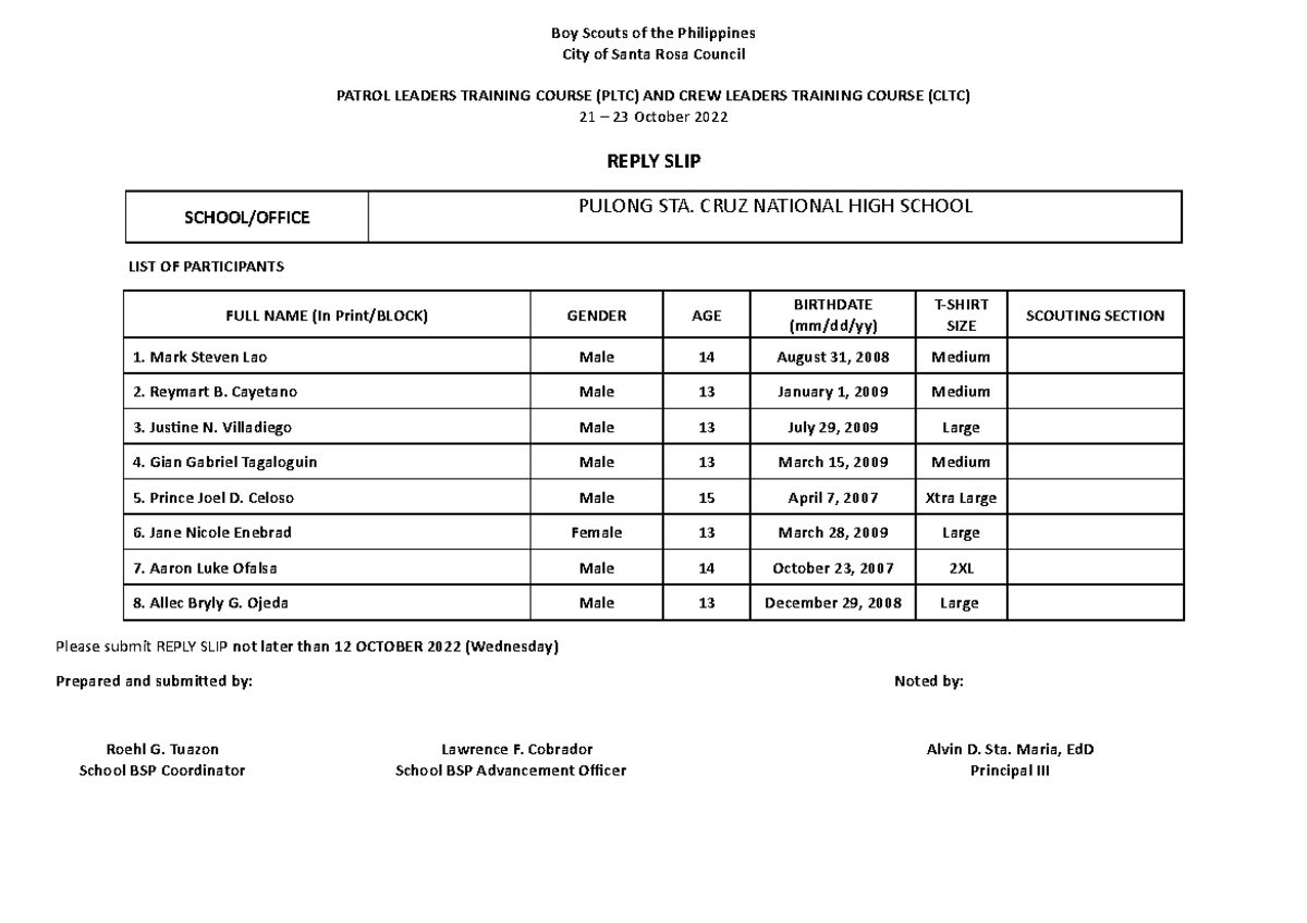 PLTC CLTC reply slip Pscnhs - Boy Scouts of the Philippines City of ...