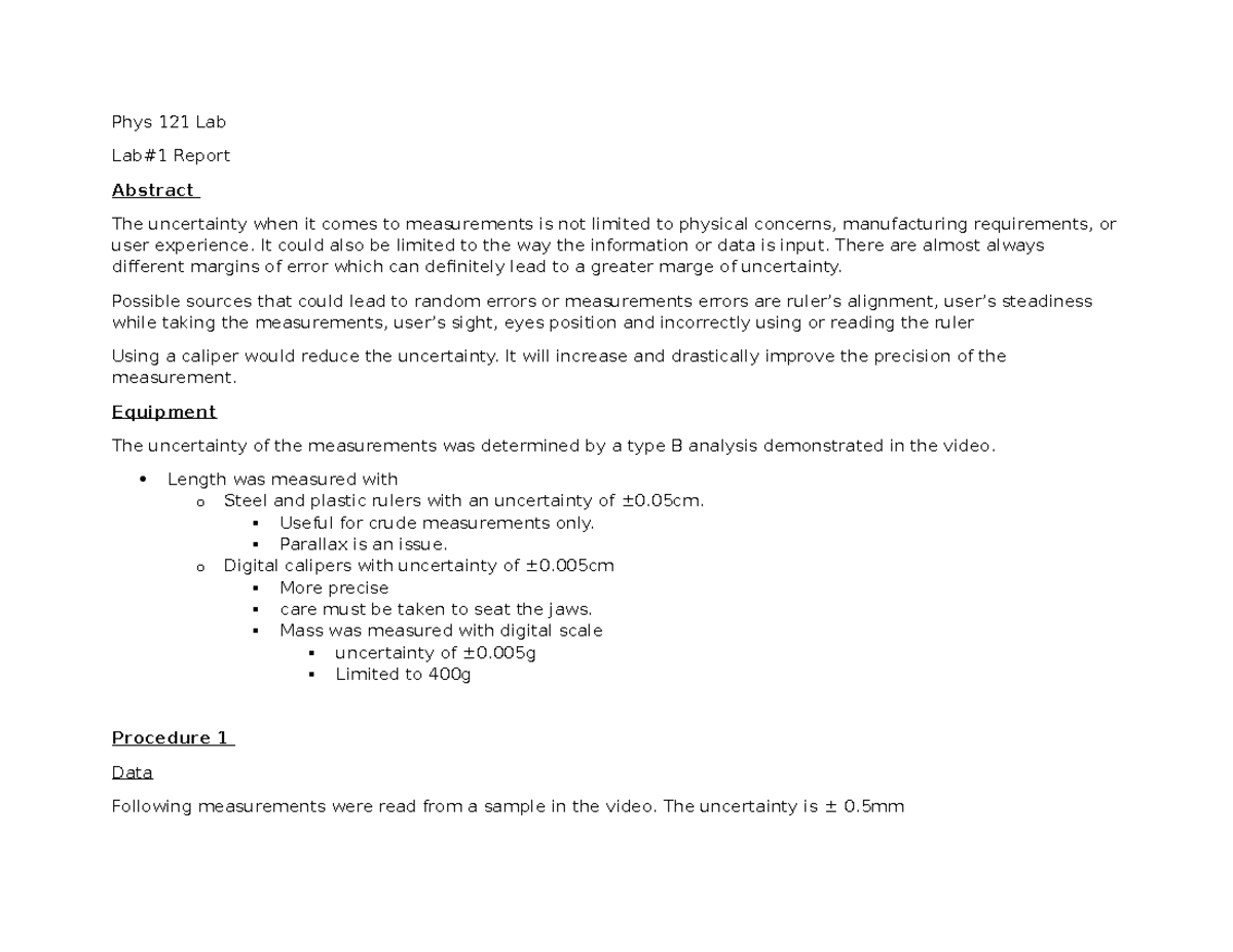 Lab1 - First Lab on uncertainty - PHYS 1211 - QC CUNY - Studocu