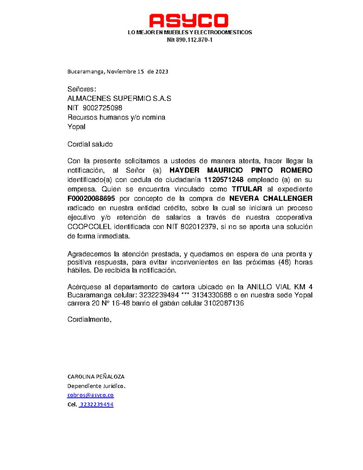 Carta DE Notificacion Empresa - Bucaramanga, Noviembre 15 de 2023 ...