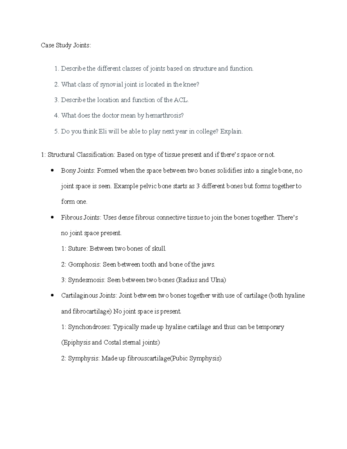 Case Study Joints - Describe the different classes of joints based on ...